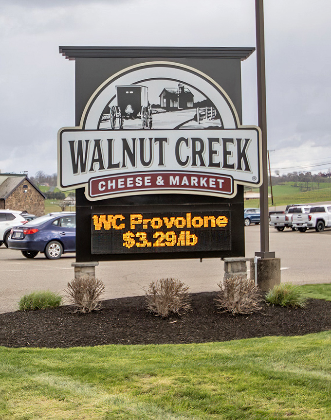 The roadside sign featuring an Amish buggy silhouette—your official notification that culinary adventure lies just ahead.