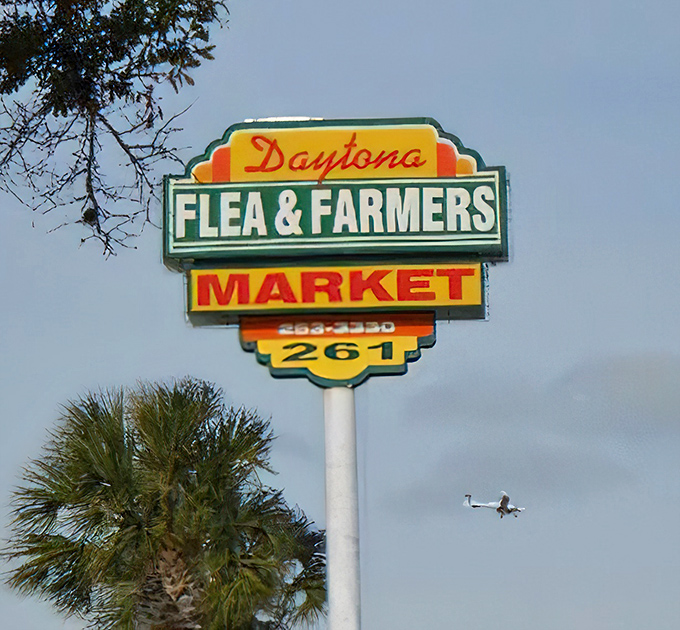 The iconic sign stands tall against Florida skies, a beacon for treasure hunters that's been guiding bargain seekers for generations.