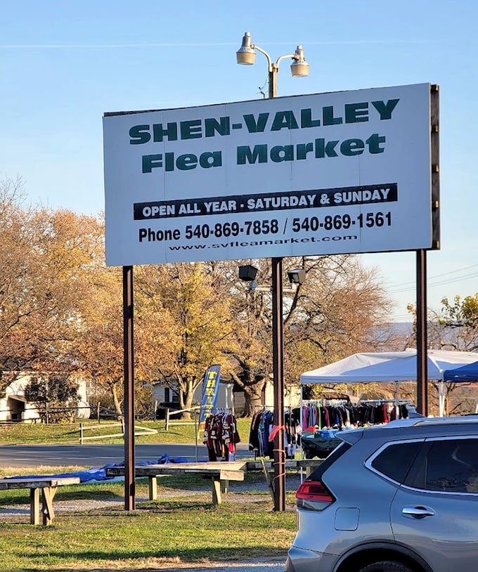 The sign says it all&mdash;weekends are for treasure hunting! Shen-Valley's promise of year-round bargains stands tall against Virginia's mountains, beckoning to collectors and browsers alike.