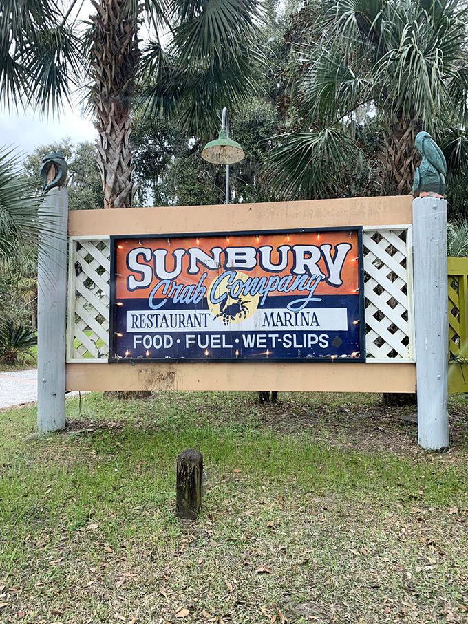 The sign promises three essentials for coastal happiness: food, fuel, and wet slips&mdash;a trifecta for both boaters and landlubbers.