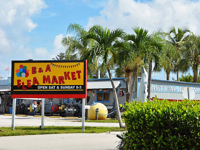 Palm trees frame the cheerful yellow sign announcing B&A Flea Market's weekend hours&mdash;Florida's version of "X marks the spot" for bargain hunters.