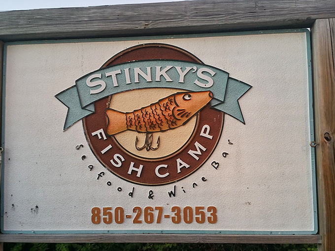 The sign says it all&mdash;seafood and wine bar with a name you won't forget. That illustrated fish looks mighty happy to be the mascot of such deliciousness.