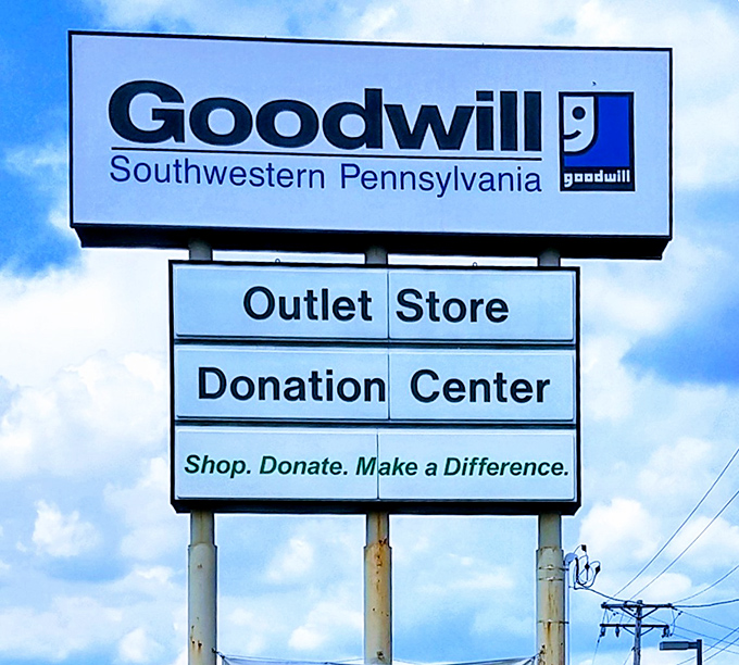 Bold signage promises what's delivered inside: shopping, donating, and making a difference all under one roof.