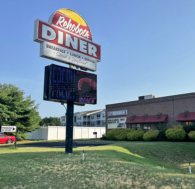 Classic diner signage that's been guiding hungry travelers to breakfast satisfaction for countless memorable mornings.
