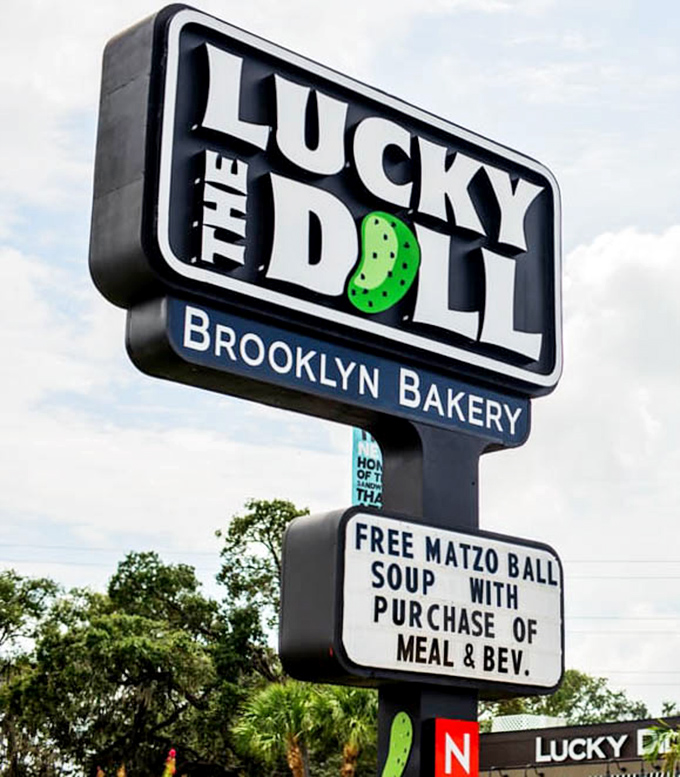 The sign promises free matzo ball soup with purchase&mdash;a deal your bubbe would approve of immediately.