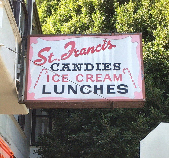 The vintage sign promises three essential food groups&mdash;candies, ice cream, and lunches&mdash;a trifecta of deliciousness that's been drawing San Franciscans for generations.