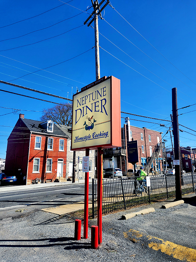 The sign stands tall against the blue Pennsylvania sky, a North Prince Street landmark guiding hungry travelers to breakfast bliss.