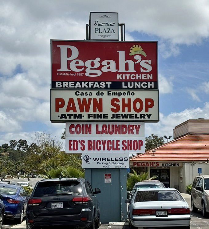 A sign that promises breakfast and delivers on that promise with such enthusiasm you'll forgive its humble strip mall setting.