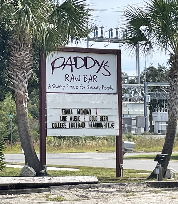 The roadside sign promises three essentials of Florida happiness: trivia, live music, and cold beer&mdash;what more could you possibly need?