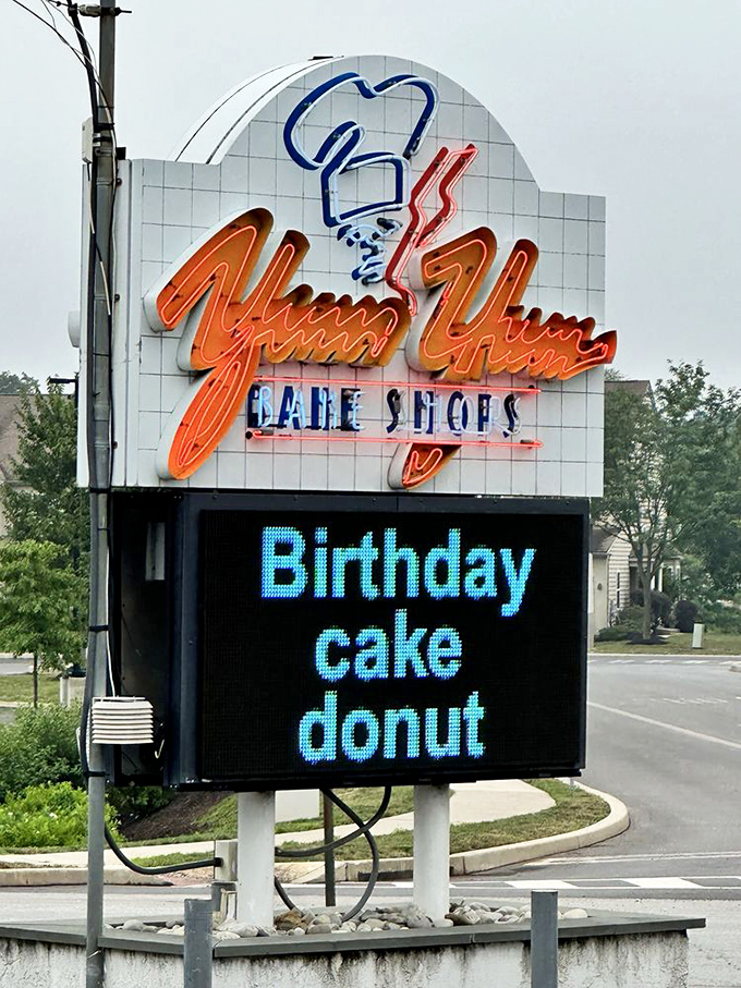 That neon sign doesn't just advertise &ndash; it announces a Pennsylvania institution. Today's special? Birthday cake donut, because every day deserves celebration.