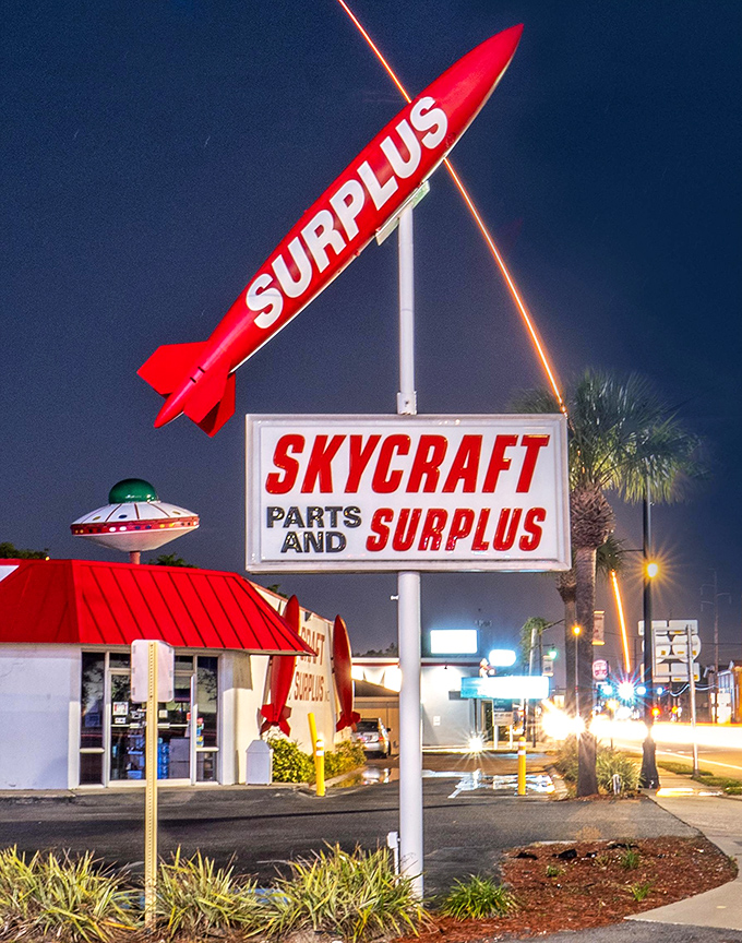 By night, the iconic Skycraft sign and UFO beacon to fellow geeks. Like a lighthouse for lost ships of imagination seeking safe harbor. 