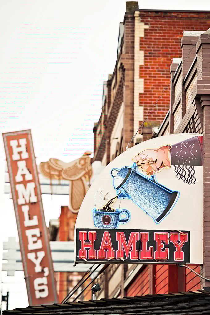 Vintage signage announces Hamley's presence in downtown Pendleton &ndash; a beacon for hungry travelers and locals alike since long before GPS existed.