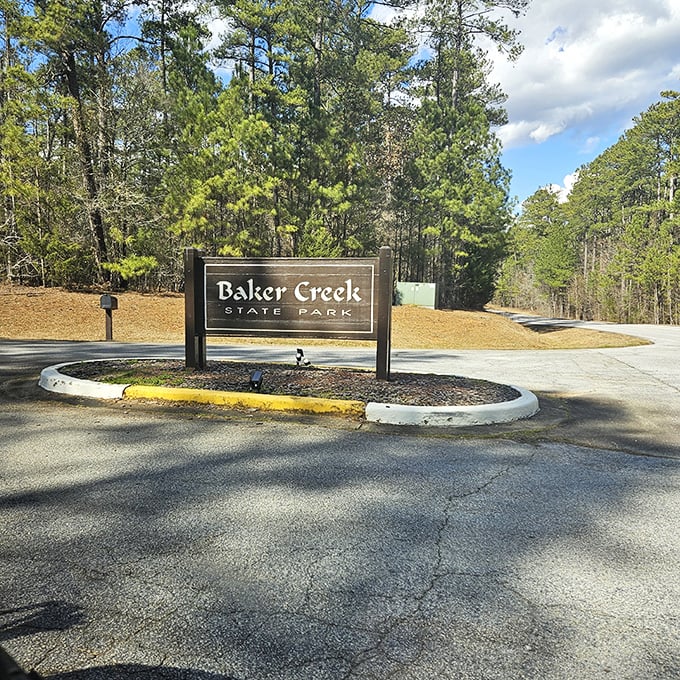 The entrance sign stands like a promise: tranquility ahead, stress left at the gate.