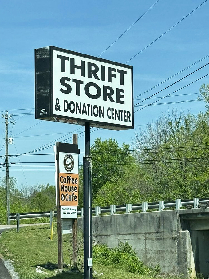 The roadside sign announces not just a thrift store but a community hub—complete with coffee house for when shopping works up a thirst.