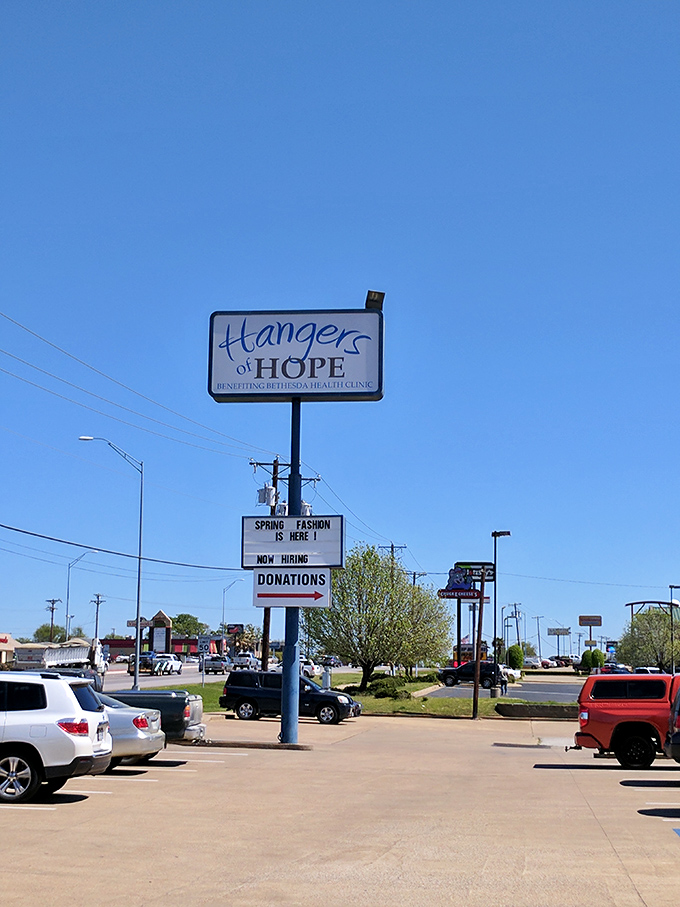 Under the vast Texas sky, this sign beckons bargain hunters and do-gooders alike&mdash;a beacon of hope and hidden treasures.