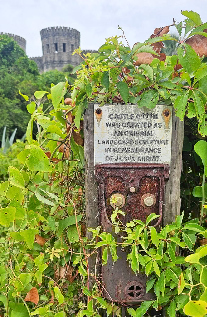 Nature slowly reclaims the castle's signage, a poetic reminder that even our most solid creations eventually become part of the landscape.