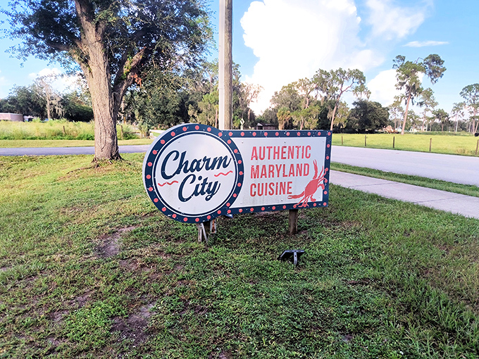 The roadside sign proudly announces "Authentic Maryland Cuisine," proving good seafood knows no geographical boundaries. Maryland's loss is Florida's delicious gain.