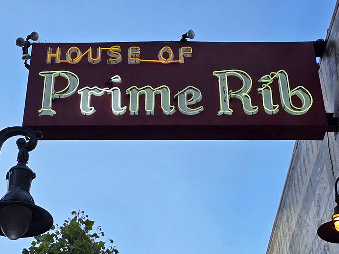 The vintage sign glows against the San Francisco sky, a meaty North Star guiding hungry pilgrims to their prime rib destiny.