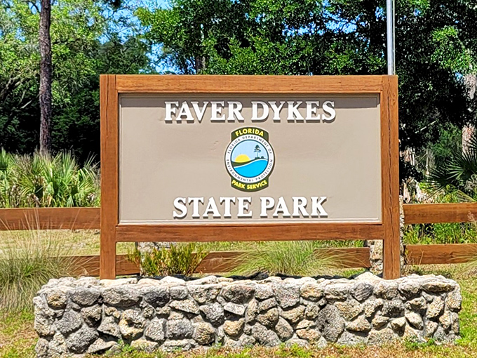 The welcome sign that promises more than it can possibly fit on a wooden board: adventure, peace, and Florida's wild heart.