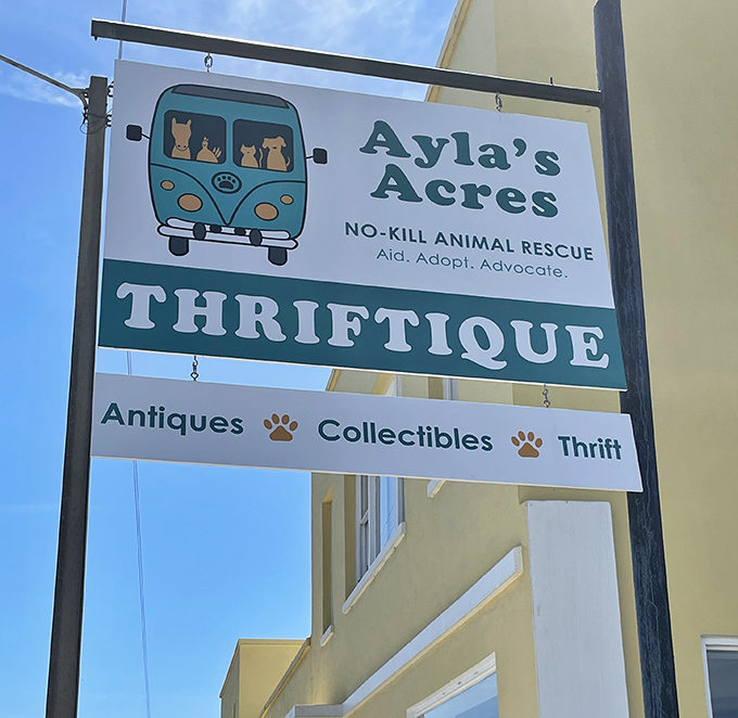 The street-facing sign proudly announces the trifecta of treasures within: antiques, collectibles, and thrift &ndash; all supporting four-legged friends in need.
