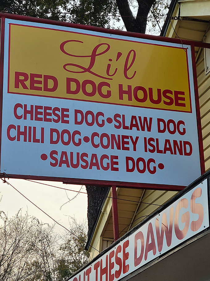 The sign promises exactly what awaits inside: no false advertising here, just an honest declaration of hot dog excellence that delivers.