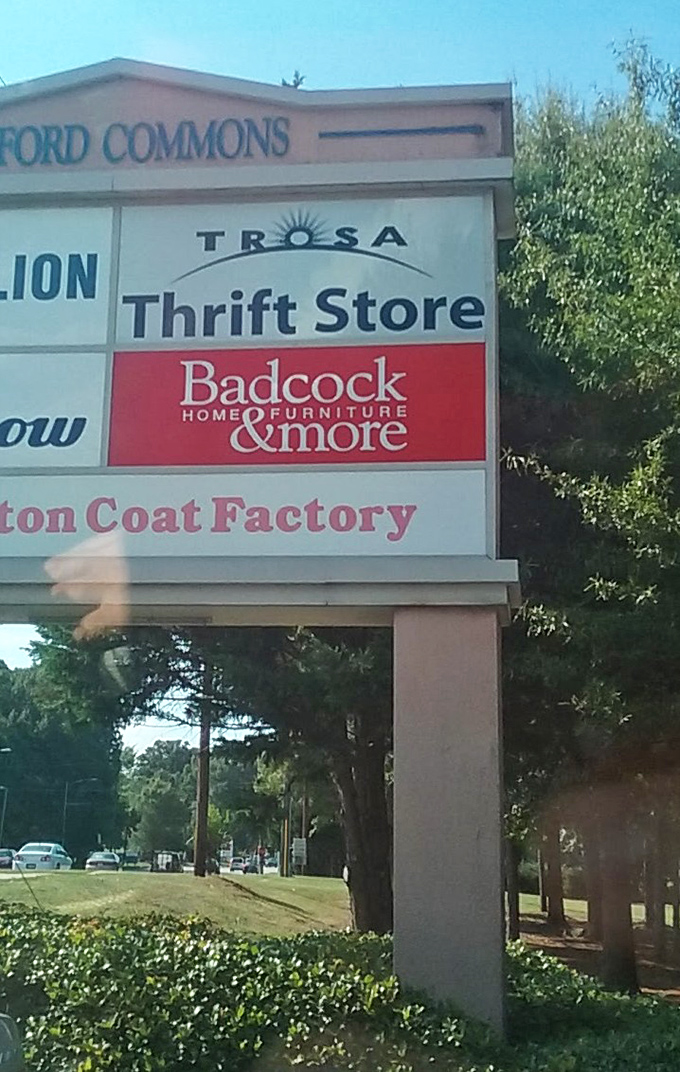 Nestled in Roxboro Commons, TROSA's signage stands as a beacon for bargain hunters and treasure seekers alike. The thrill of the hunt begins here.