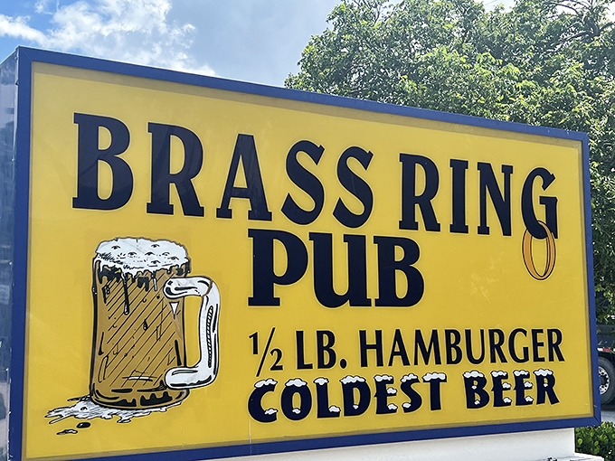 A sign that makes a simple, confident promise: substantial burgers and cold beer – the cornerstone of American happiness.