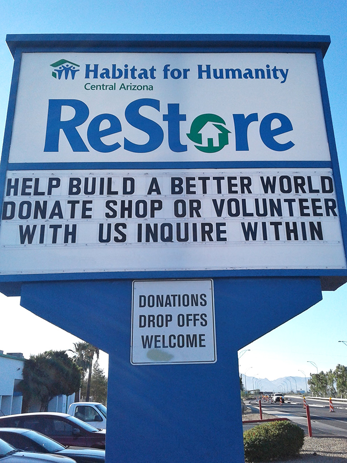 The ReStore sign says it all &ndash; "Help Build a Better World" &ndash; turning your shopping spree into an act of community kindness.