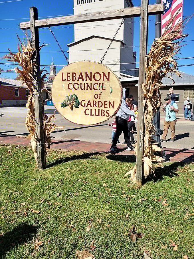 The Lebanon Council of Garden Clubs sign stands amid seasonal decorations &ndash; a testament to the community pride that helps make the railroad experience so special.