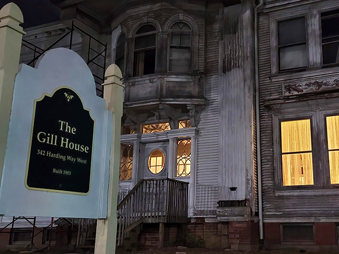 As twilight falls, the Gill House transforms from merely impressive to downright magical, its illuminated windows glowing like a Victorian lighthouse.
