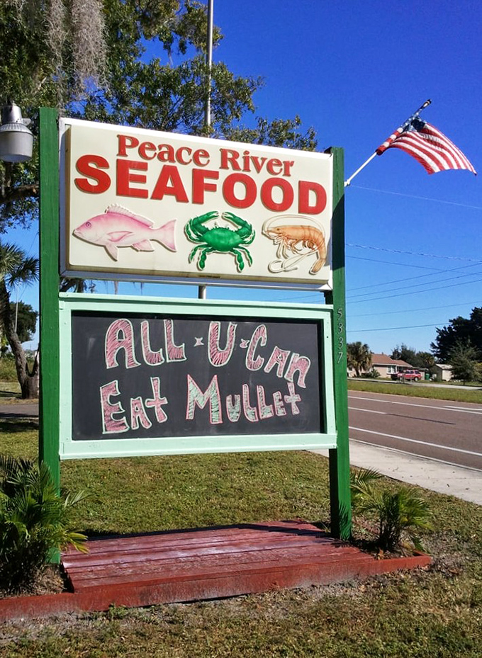 The roadside sign says it all: "ALL U CAN EAT MULLET." In Florida, that's not a hairstyle&mdash;it's a promise of seafood abundance.