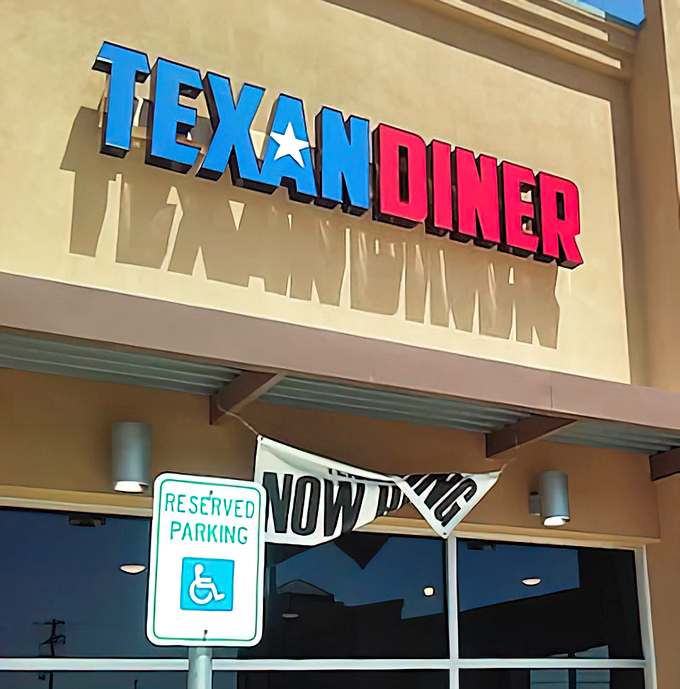 Bold lettering announces this Texas haven where comfort food dreams come true one plate at a time.