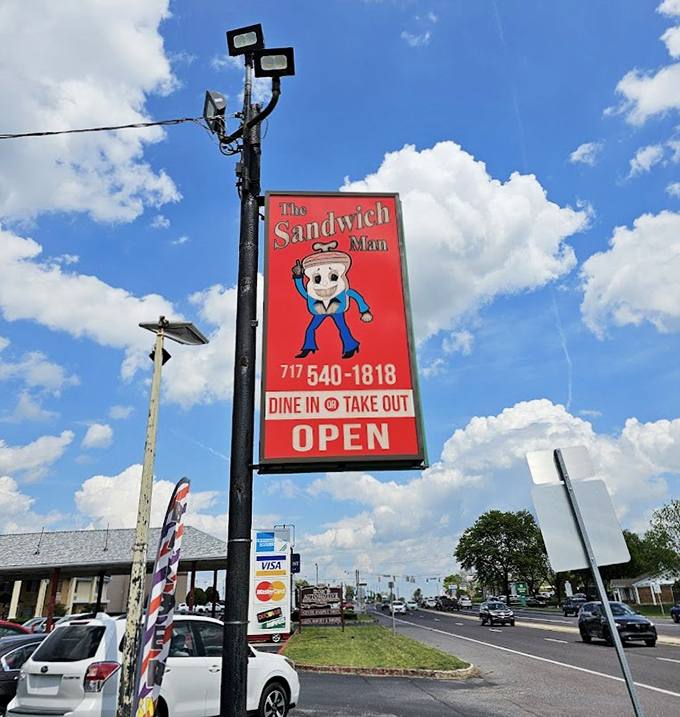 The sign stands proud against Pennsylvania skies, a beacon of hope for the hungry traveler and a landmark for locals who measure directions by food destinations.