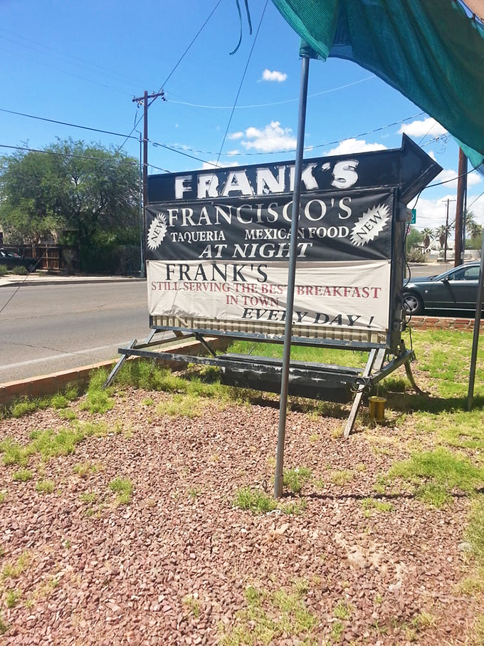 Hand-painted signs announce Frank's dual identity: breakfast haven by day, taqueria by night across town.