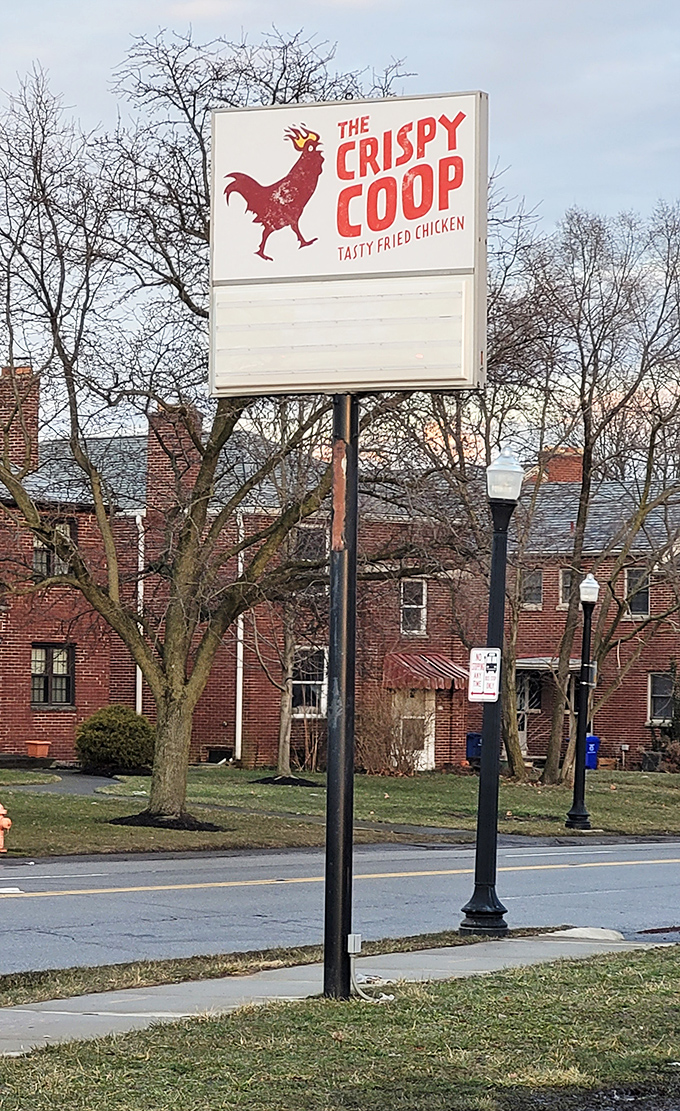 The roadside sign stands as a beacon of hope for the hungry, a red rooster promising salvation in crispy, juicy form.