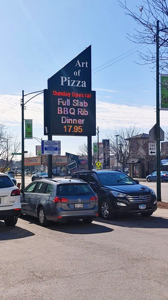 The roadside sign announces daily specials to passing traffic &ndash; a public service announcement for those in need of serious comfort food.