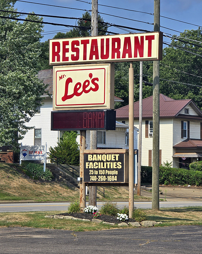 The roadside sign promises not just a meal but banquet facilities&mdash;this isn't just a restaurant, it's Cambridge's living room.