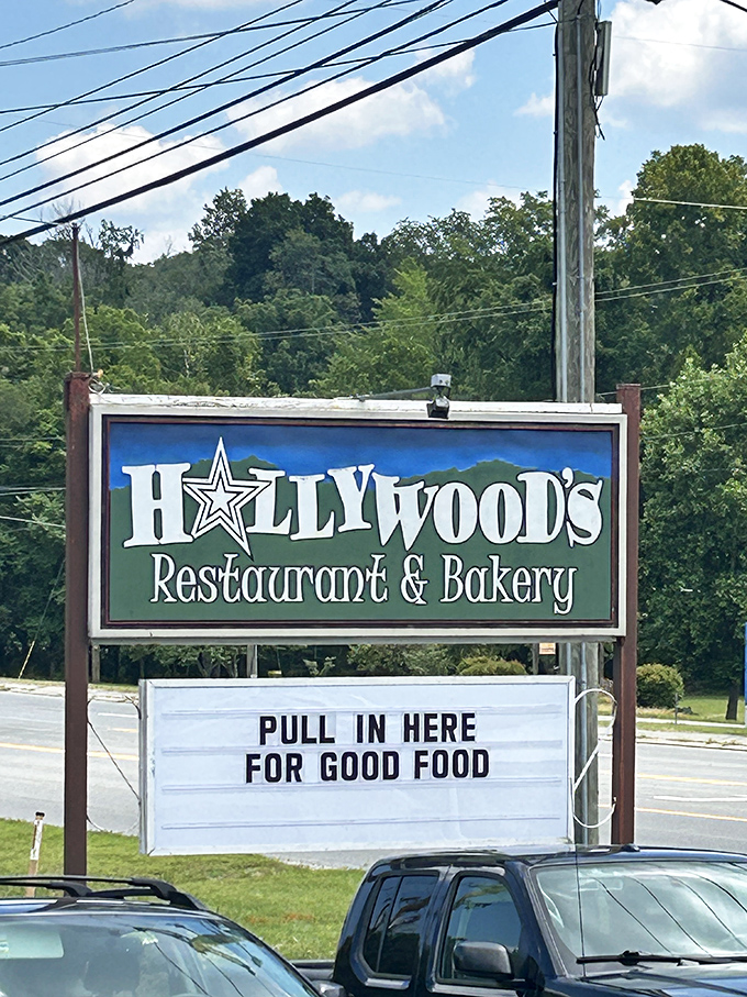A roadside sign that cuts through all pretense with the straightforward promise we all need: "Pull in here for good food."