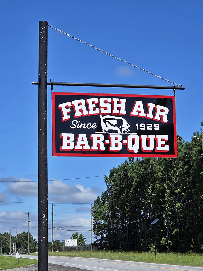 The roadside sign stands as a landmark for the barbecue faithful – a North Star guiding hungry travelers to smoked meat salvation since 1929.