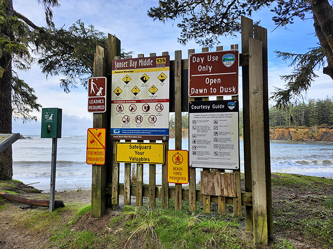 The sign collection that screams "We have rules!" while the view behind whispers, "But look how worth it they are."
