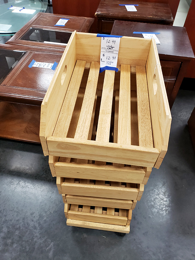 Wooden crates stack like building blocks, ready to organize homes at unbeatable outlet prices.