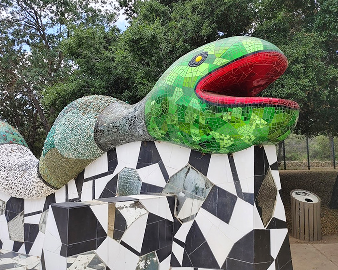 This emerald serpent appears mid-sentence, its mosaic mouth forever frozen in an exclamation of delight that mirrors my own reaction.