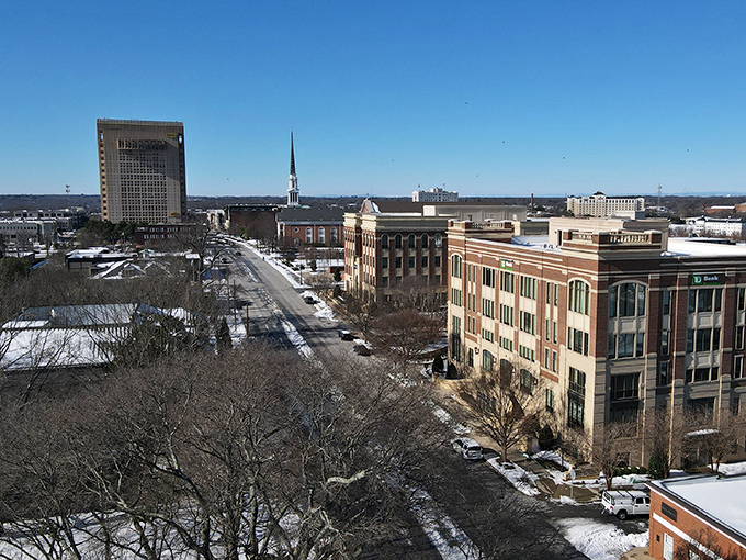 Winter reveals Spartanburg's architectural bones in this aerial view, showcasing a downtown where historic buildings and modern amenities create a perfectly balanced retirement playground.