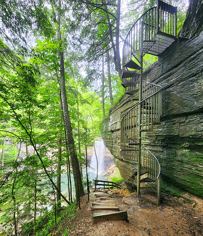 The spiral staircase to waterfall heaven. Whoever designed this metal masterpiece deserves a high-five for making the impossible accessible.