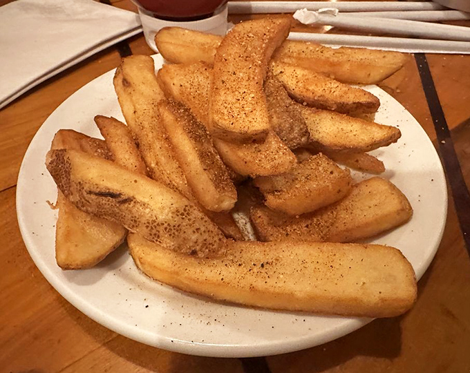 Steak fries with attitude &ndash; substantial enough to stand up to steak juices, seasoned enough to deserve attention on their own.