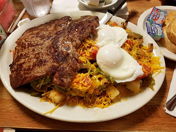 The T-bone and eggs platter isn't just breakfast&mdash;it's a declaration that you're not planning to eat again until tomorrow. Pure Pittsburgh protein poetry.