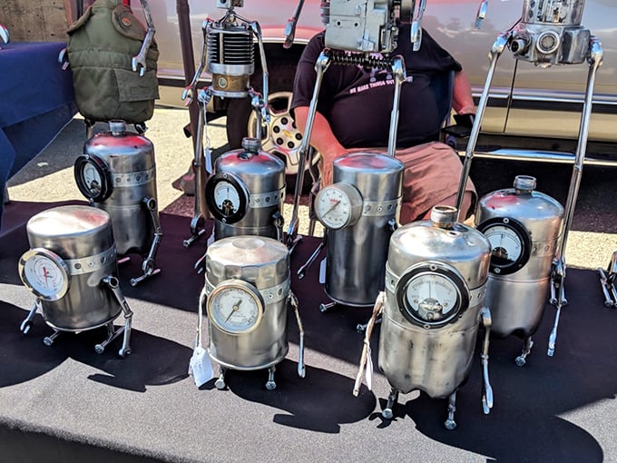 Steampunk sculptures that look like they escaped from a Jules Verne novel and decided to set up shop in California.