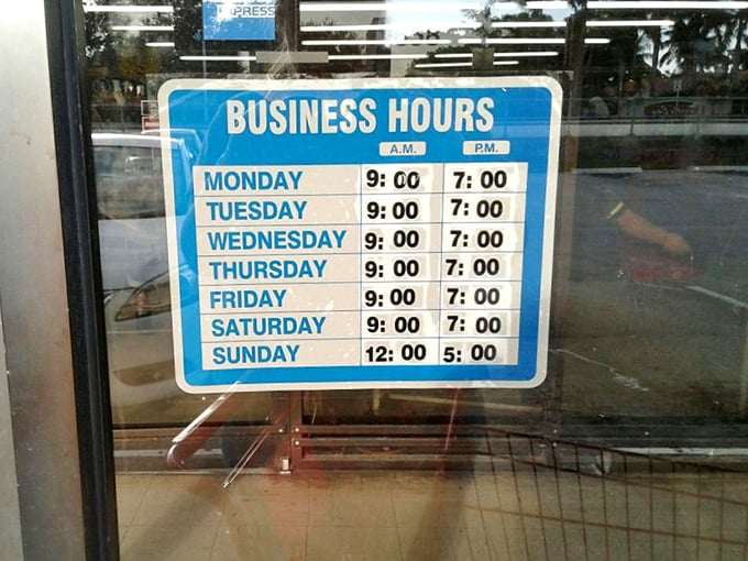 Business hours generous enough to accommodate both early birds and procrastinators. Even Sunday shoppers get their chance at thrifting glory.