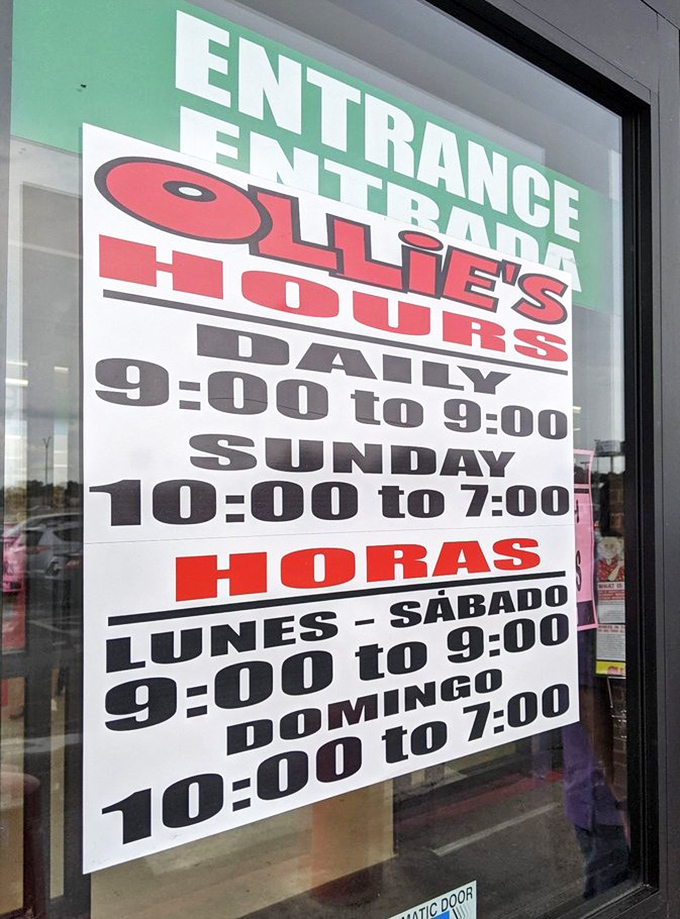 Store hours posted in both English and Spanish&mdash;bargain hunting is a universal language in San Antonio, with plenty of time to explore.