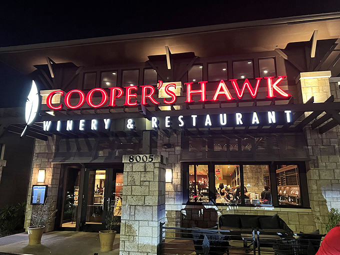 At night, the glowing sign serves as a beacon for food and wine lovers. Like a lighthouse guiding hungry ships to safe harbor.
